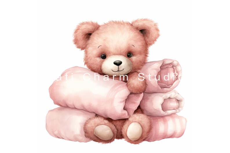 Watercolor Teddy Bear Clipart PNG for Girl Pink Baby Shower - Etsy
