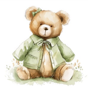Nursery Bear in Green Dress Clipart Set, High Quality Jpgs, Digital ...