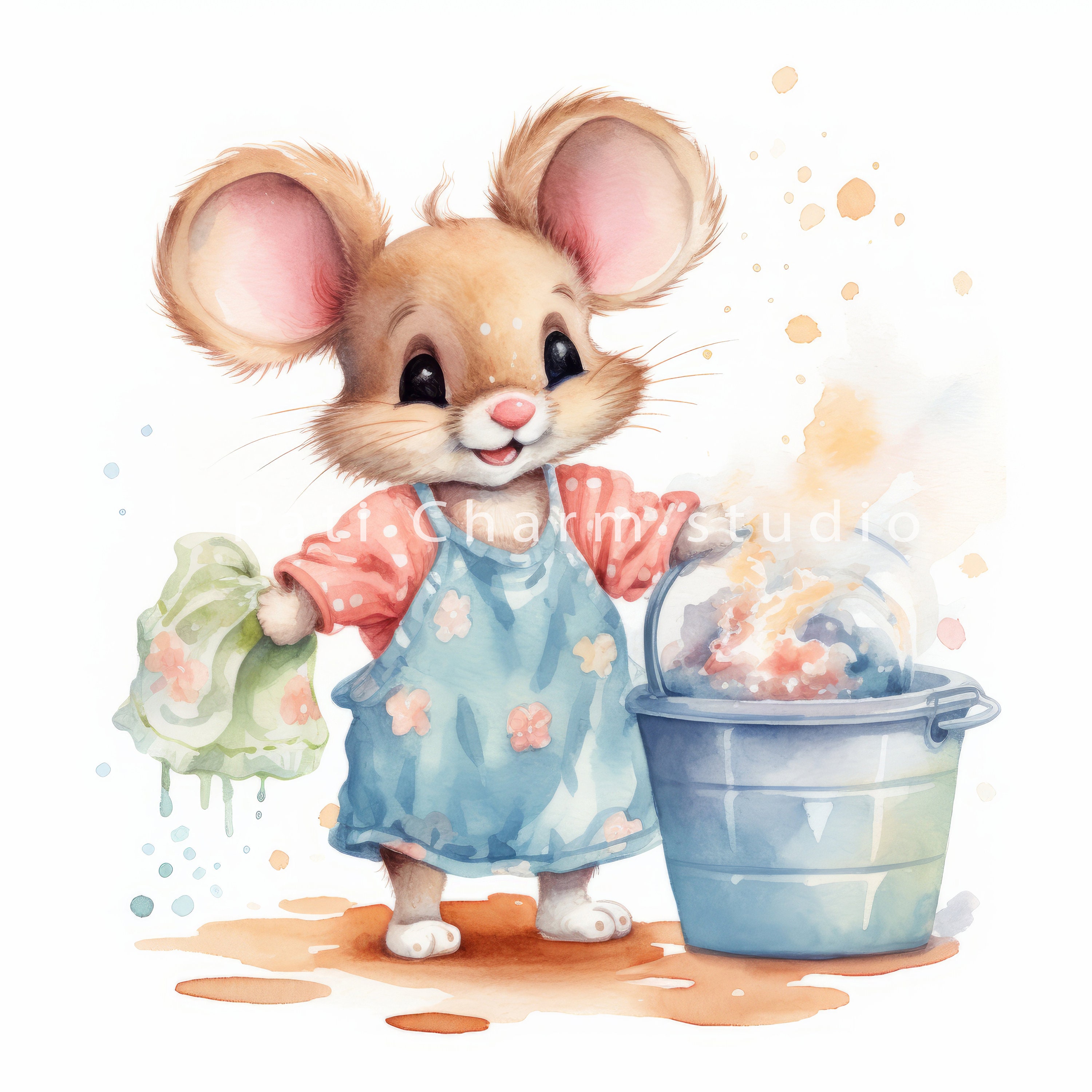 Cleaning Mouse Digital Clipart Bundle, High Quality Jpgs, Watercolor ...