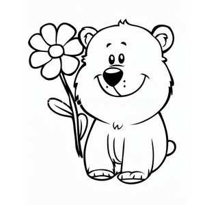 Cute Bear With Flowers Coloring Page for Kids, Instant Download ...