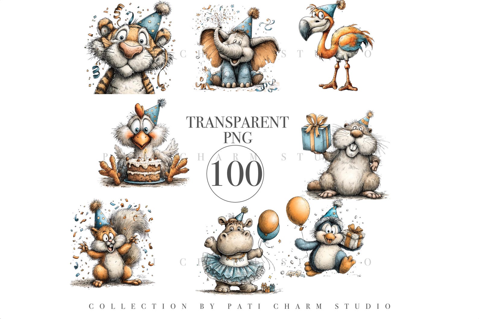 100 Cute Birthday Animals Clipart Set + Bonus Video, Cute Party Animal ...