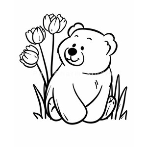 Cute Bear With Flowers Coloring Page for Kids, Instant Download ...