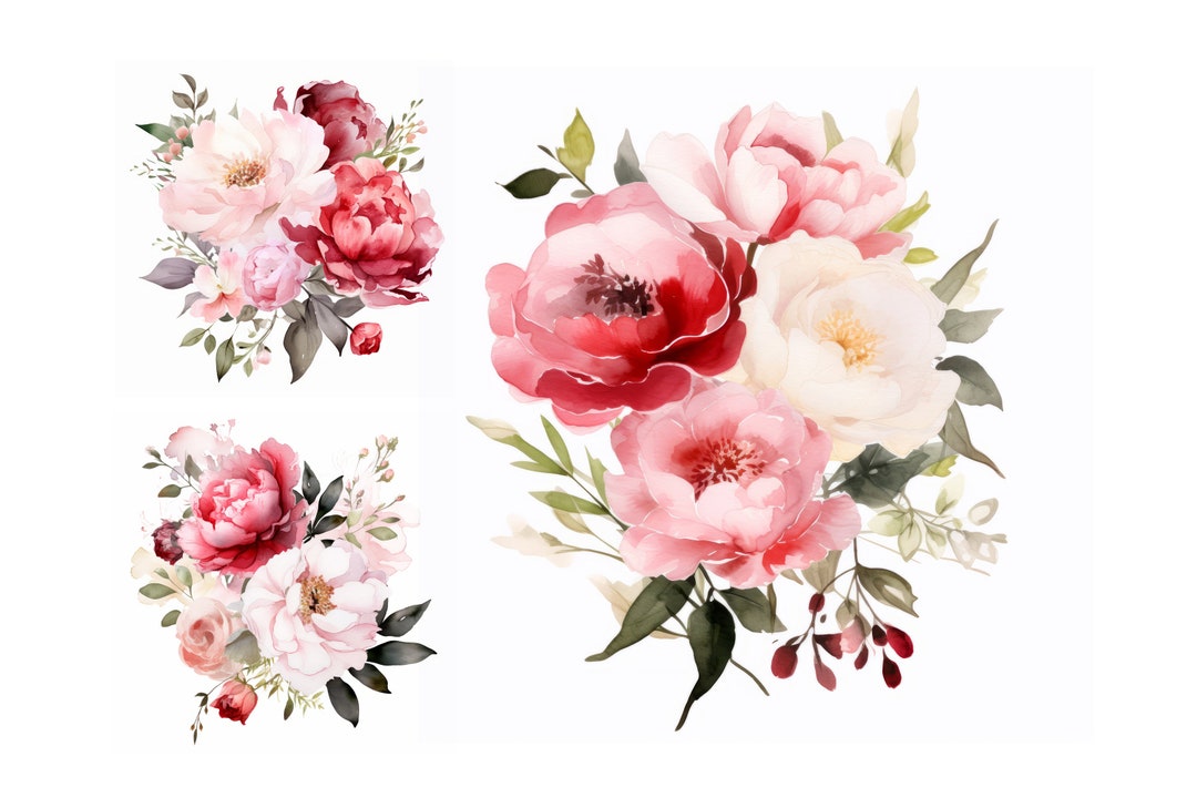 Watercolor Pink Peony Clipart Bundle, Flower Clipart, Wedding ...