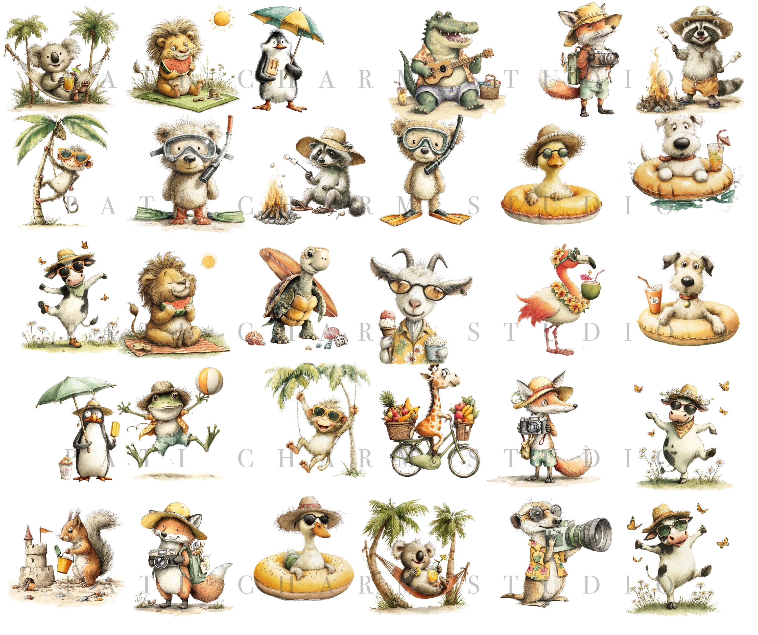 30 Watercolor Summer Animal Clipart Set, Cute Beach Animal PNG ...