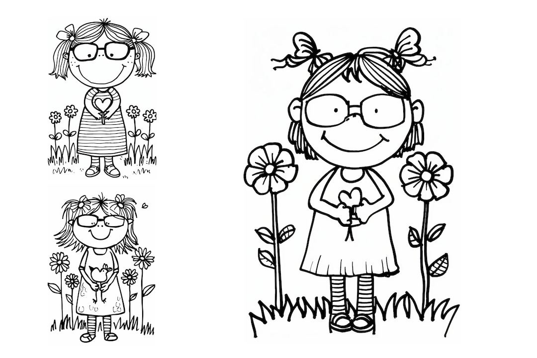 Cute Girl With Flower Coloring Page for Kids, Instant Download ...