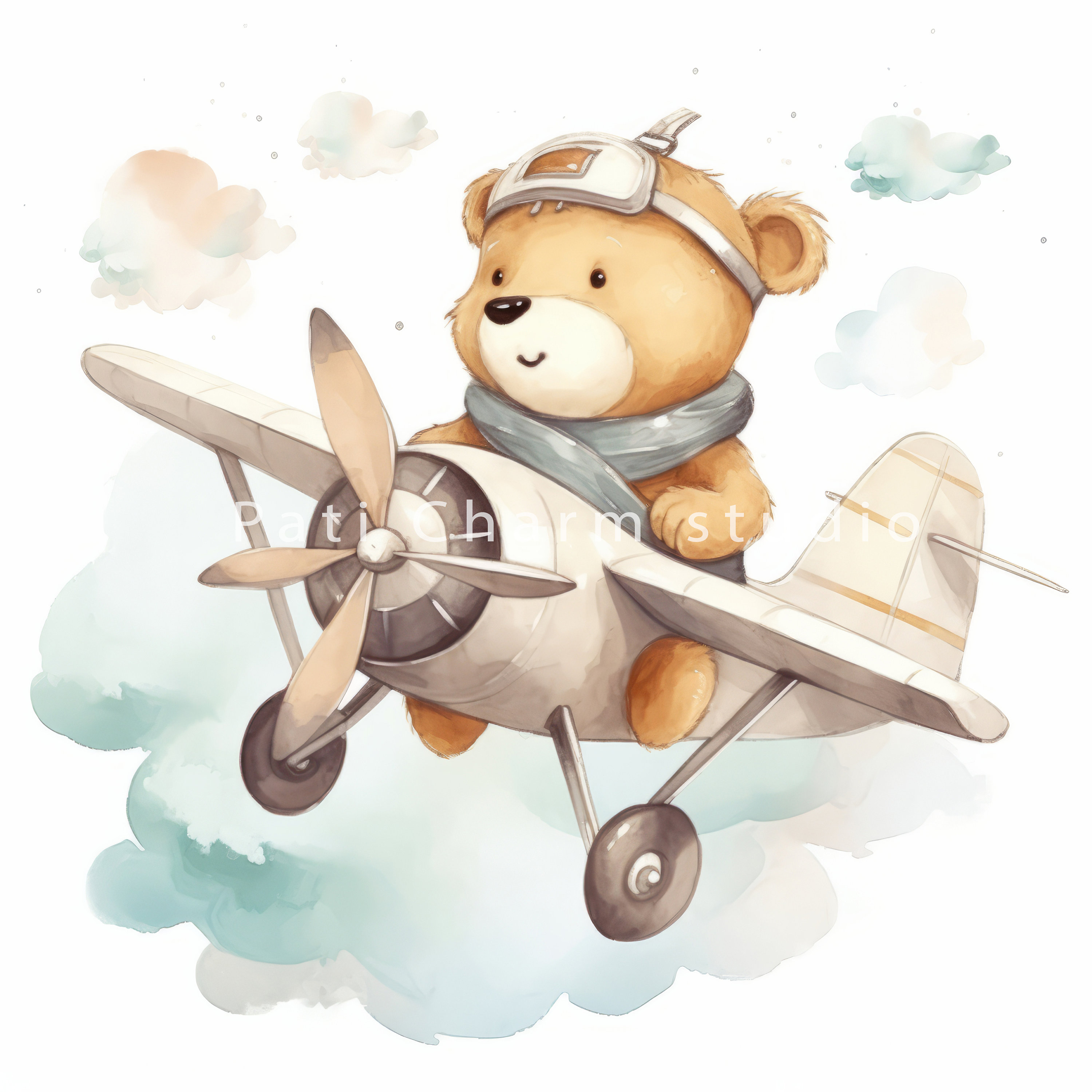 Airplane Teddy Bear Watercolor Clipart Bundle 9 High Quality Jpgs, Baby ...