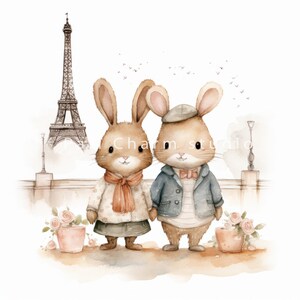 Watercolor Rabbits in Paris Clipart Bundle, High Quality Jpgs, Couples ...