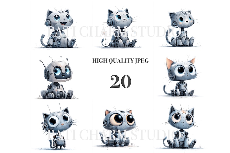 Robotic Cats Clipart Set, Cute Robot Cat Illustrations, High Quality ...