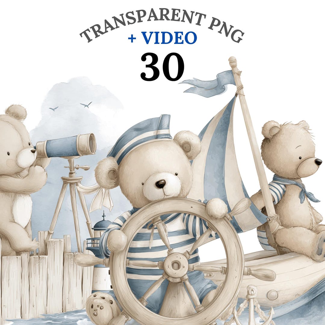 30 Nautical Teddy Bear Clipart PNG + Video, Baby Boy Ocean Bears ...