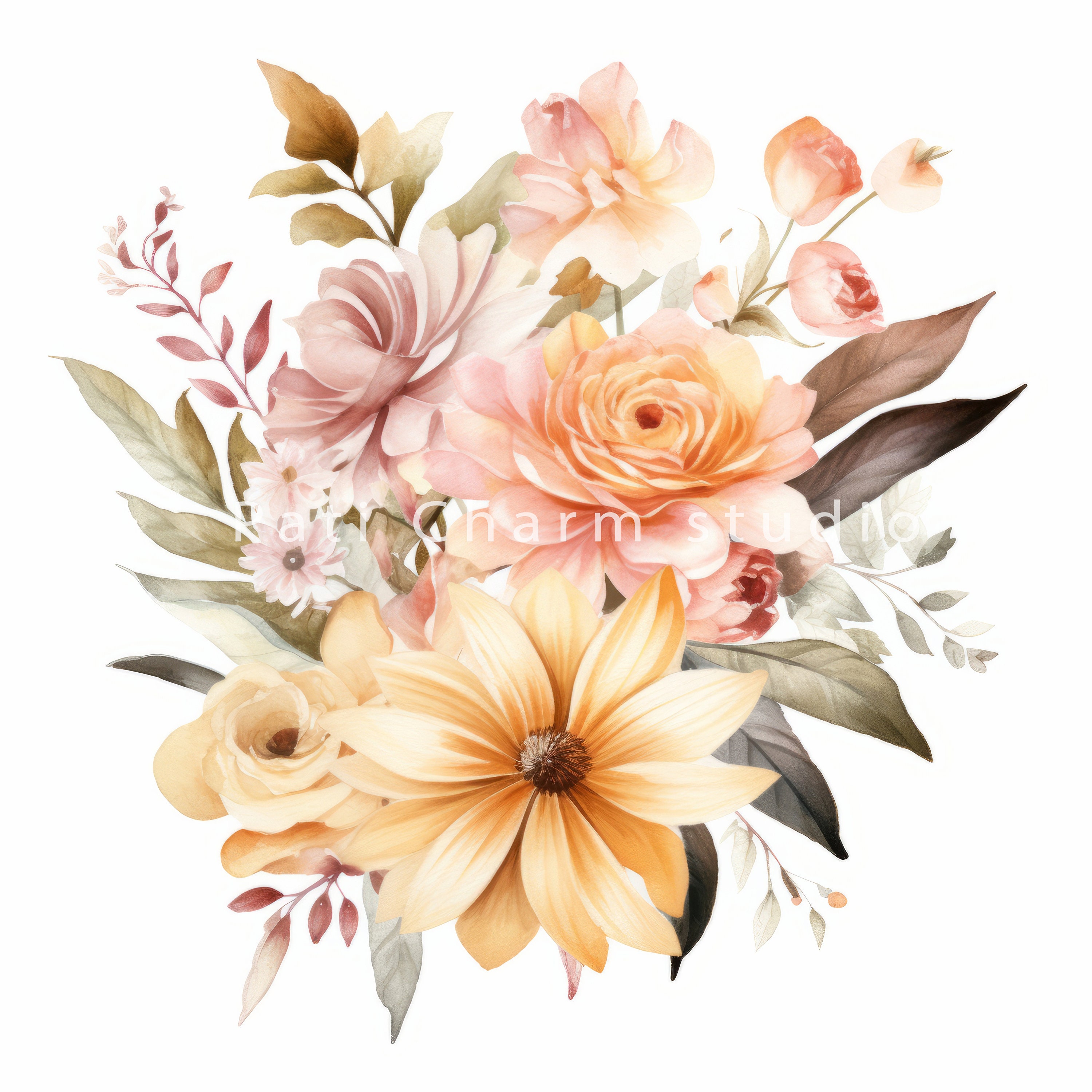 Pink Floral Bouquet Clipart Commercial Use JPG Watercolor - Etsy