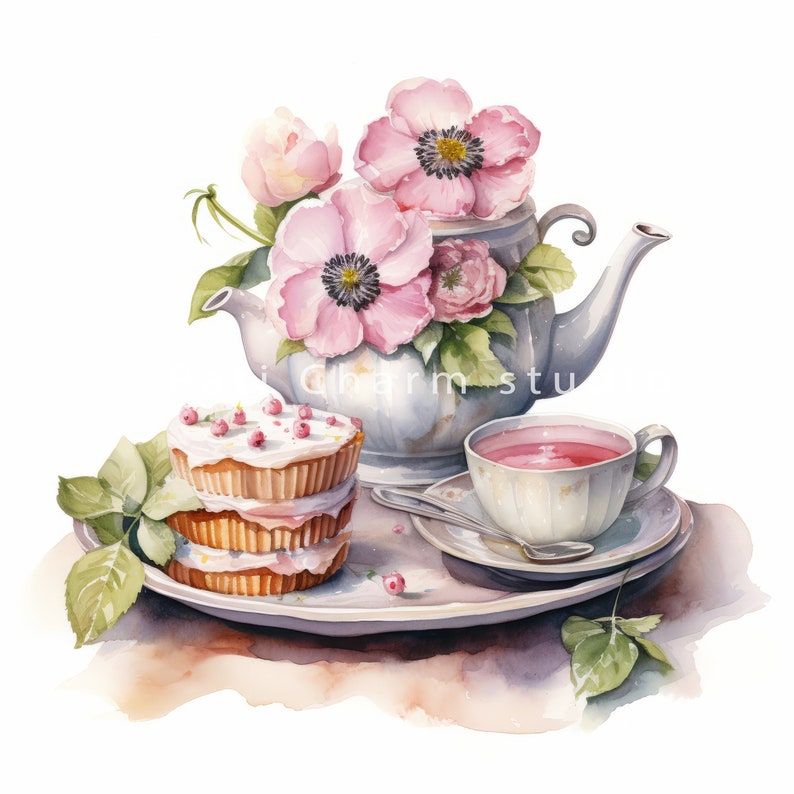 English Tea Party Clipart Bundle 9 High Quality Jpgs, Watercolor Teacup ...