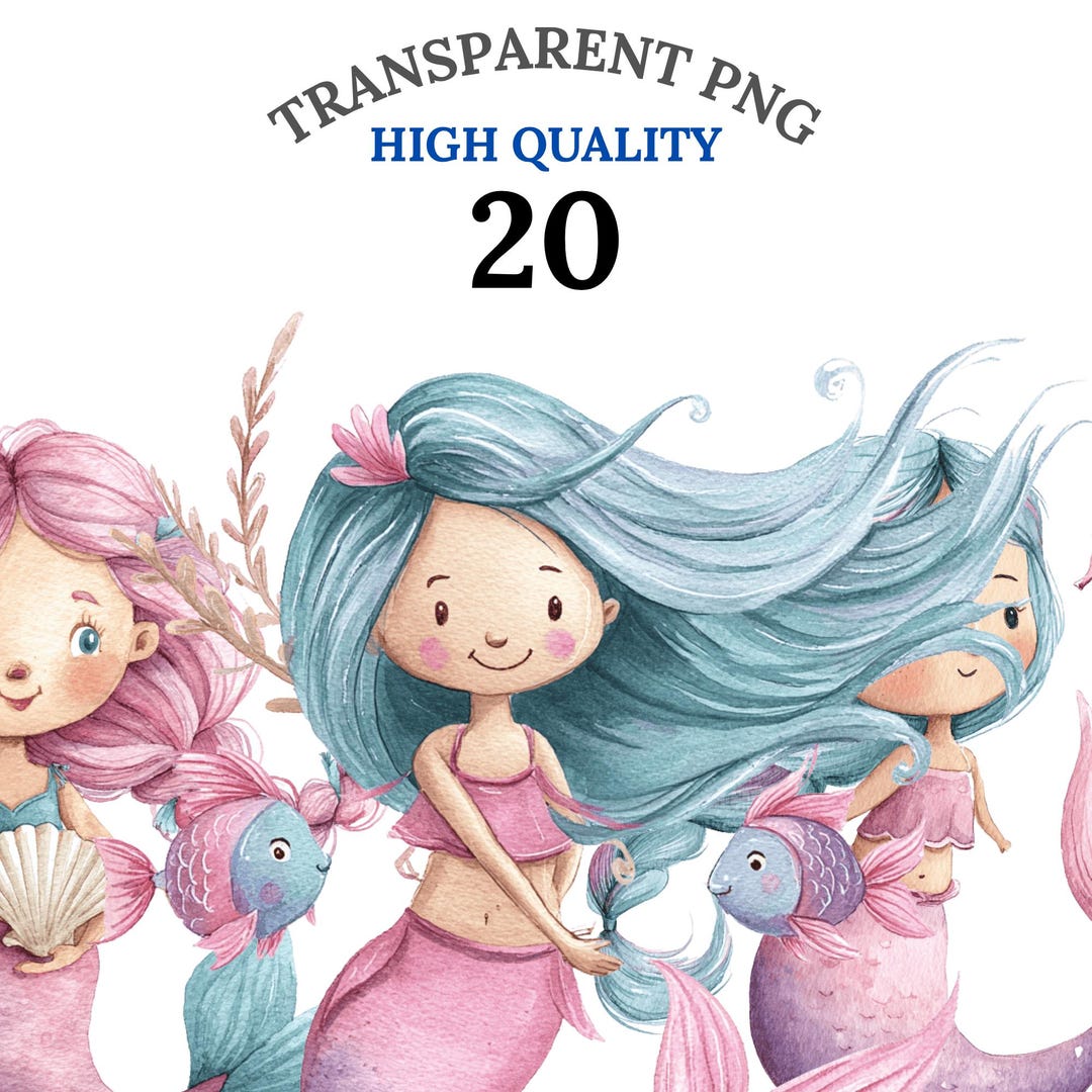 Cute Mermaids Clipart Set, Pastel Mermaid Pngs, Ocean Underwater ...