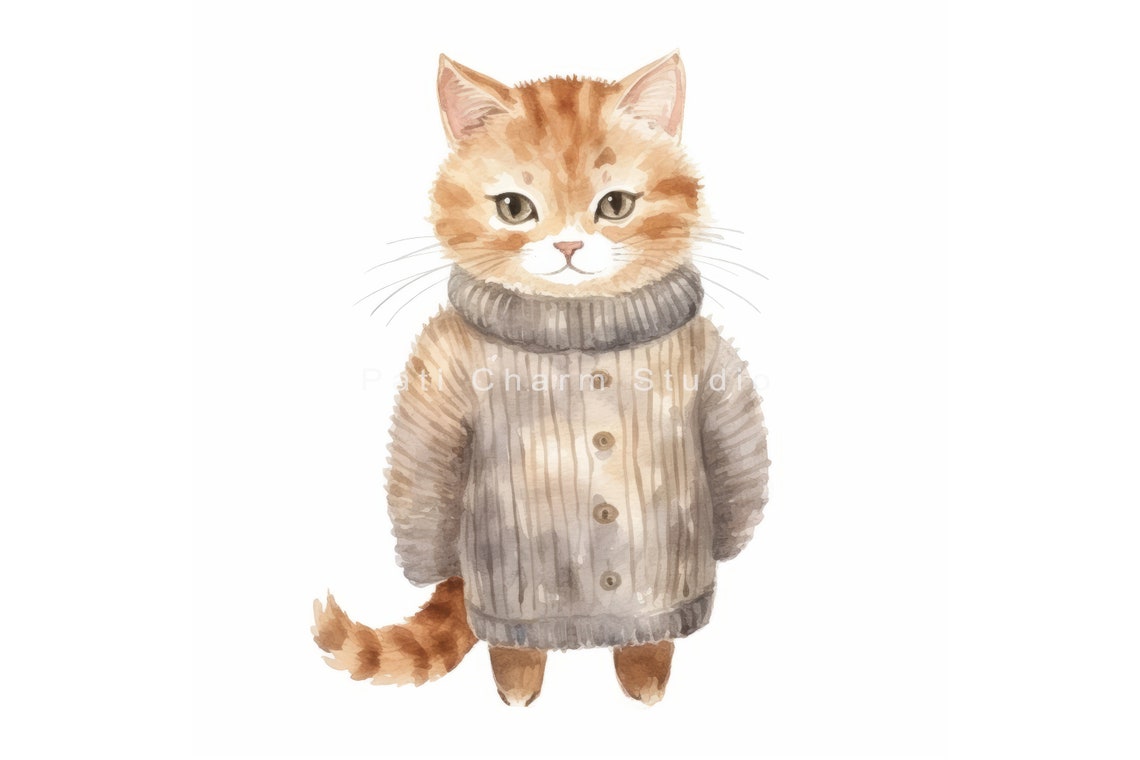Cute Cat in Sweater Clipart Bundle, High Quality Jpgs, Digital Download ...