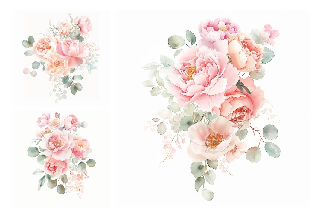 Watercolor Pink Peony Clipart Bundle, Flower Clipart, Wedding ...