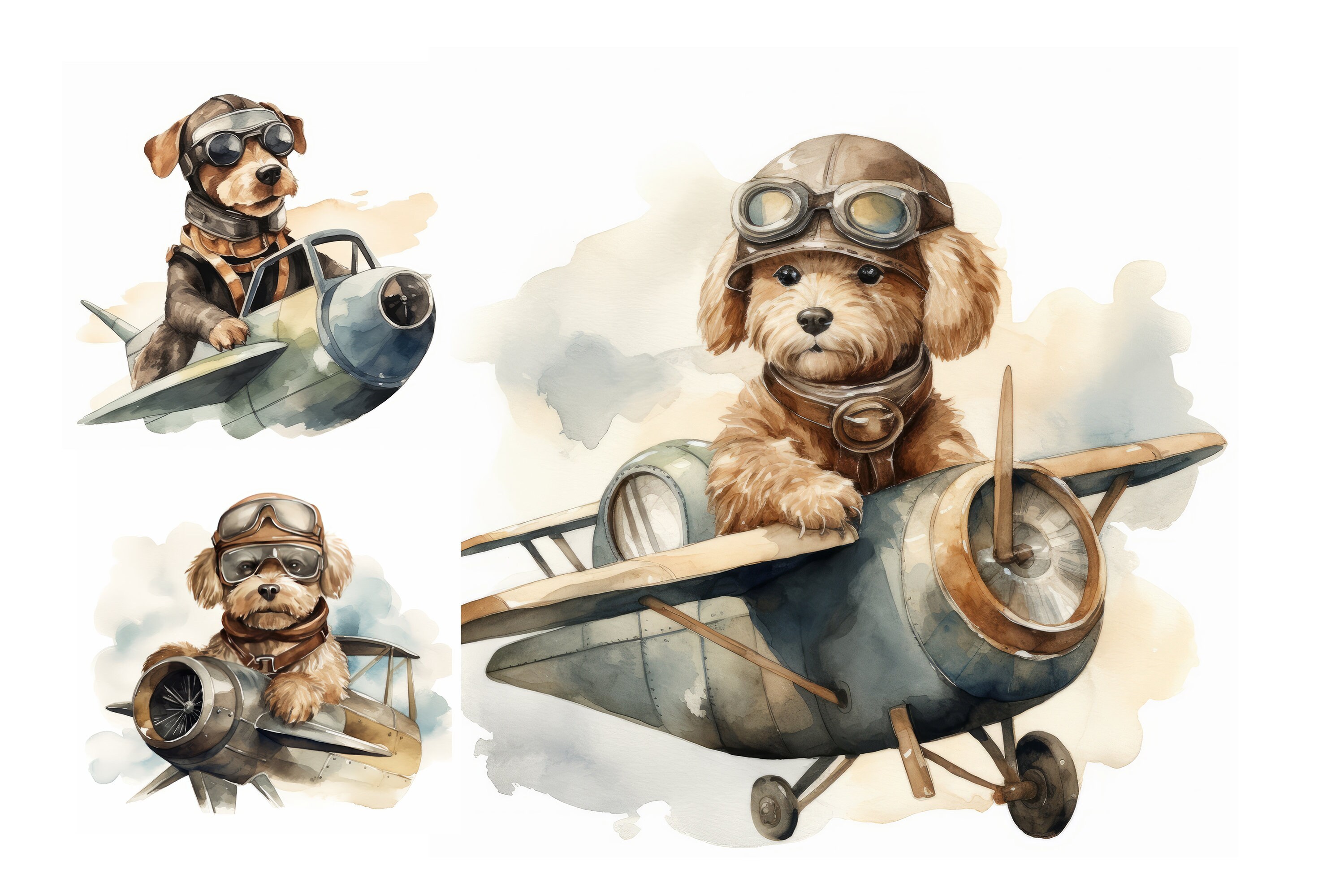 Aviator Dog Watercolor Clipart Bundle, Jpgs, Baby Airplane Clipart ...