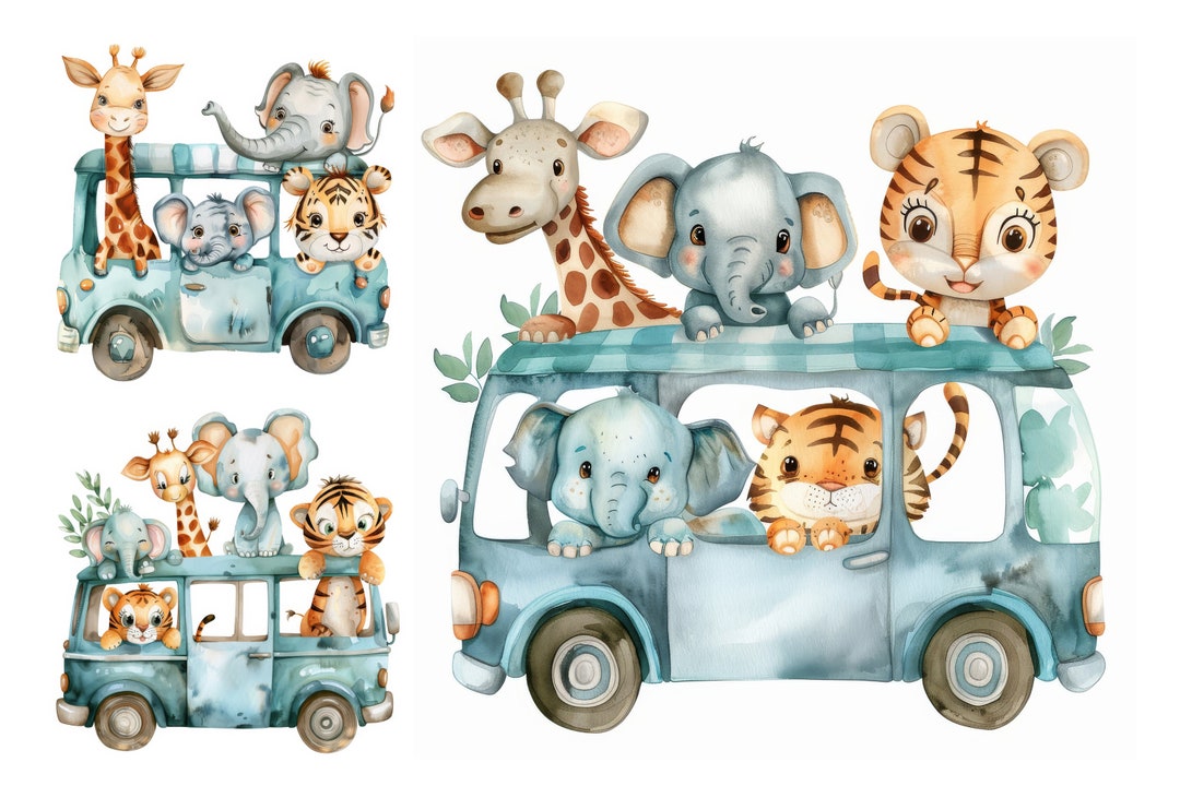 Süßer Bus mit Tier Clipart Bundle, digitaler Download, hochwertige JPGs ...