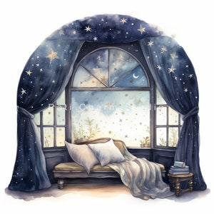 Watercolor Night Window Clipart Bundle, Jpgs, Good Night Clipart, Baby ...