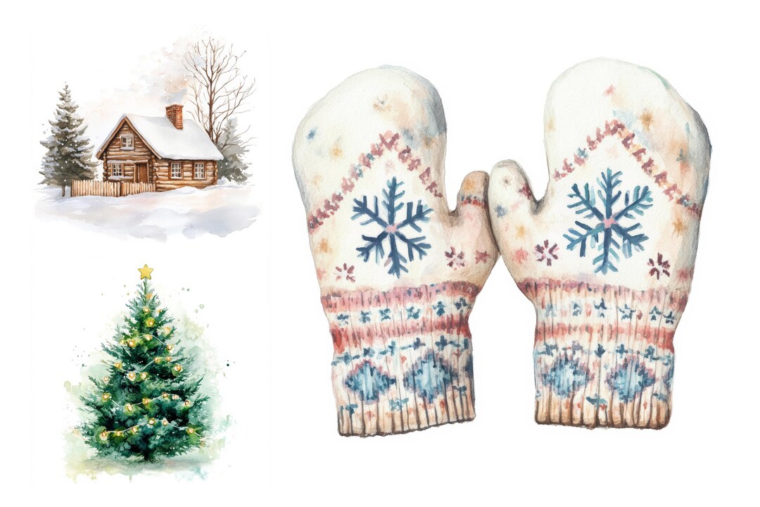 Winter Mittens, Cozy Cabin, Christmas Tree, Snowy Landscape, Holiday ...