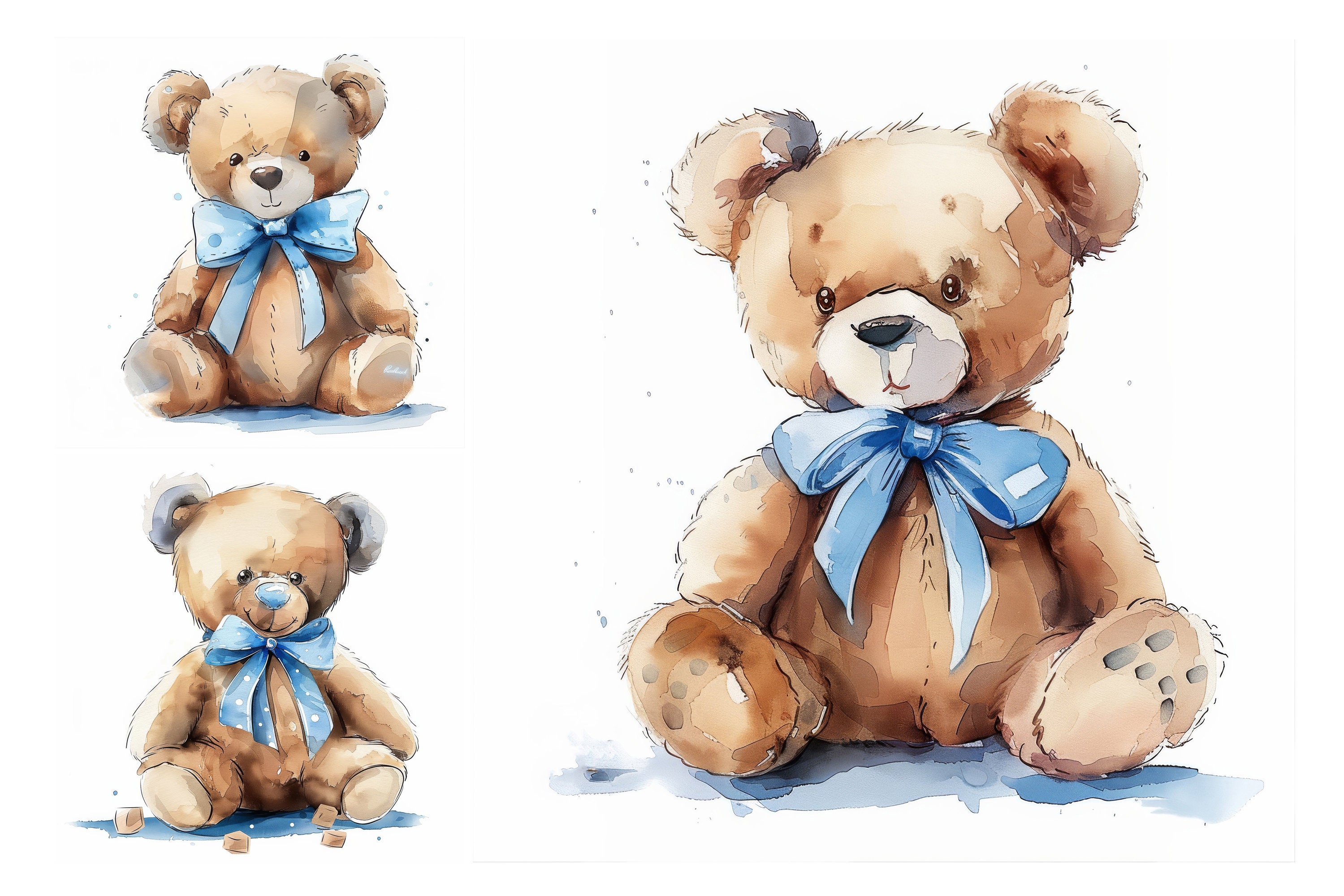 Cute Teddy Bear With Blue Bow Clipart Bundle, Baby Shower Decor, High ...