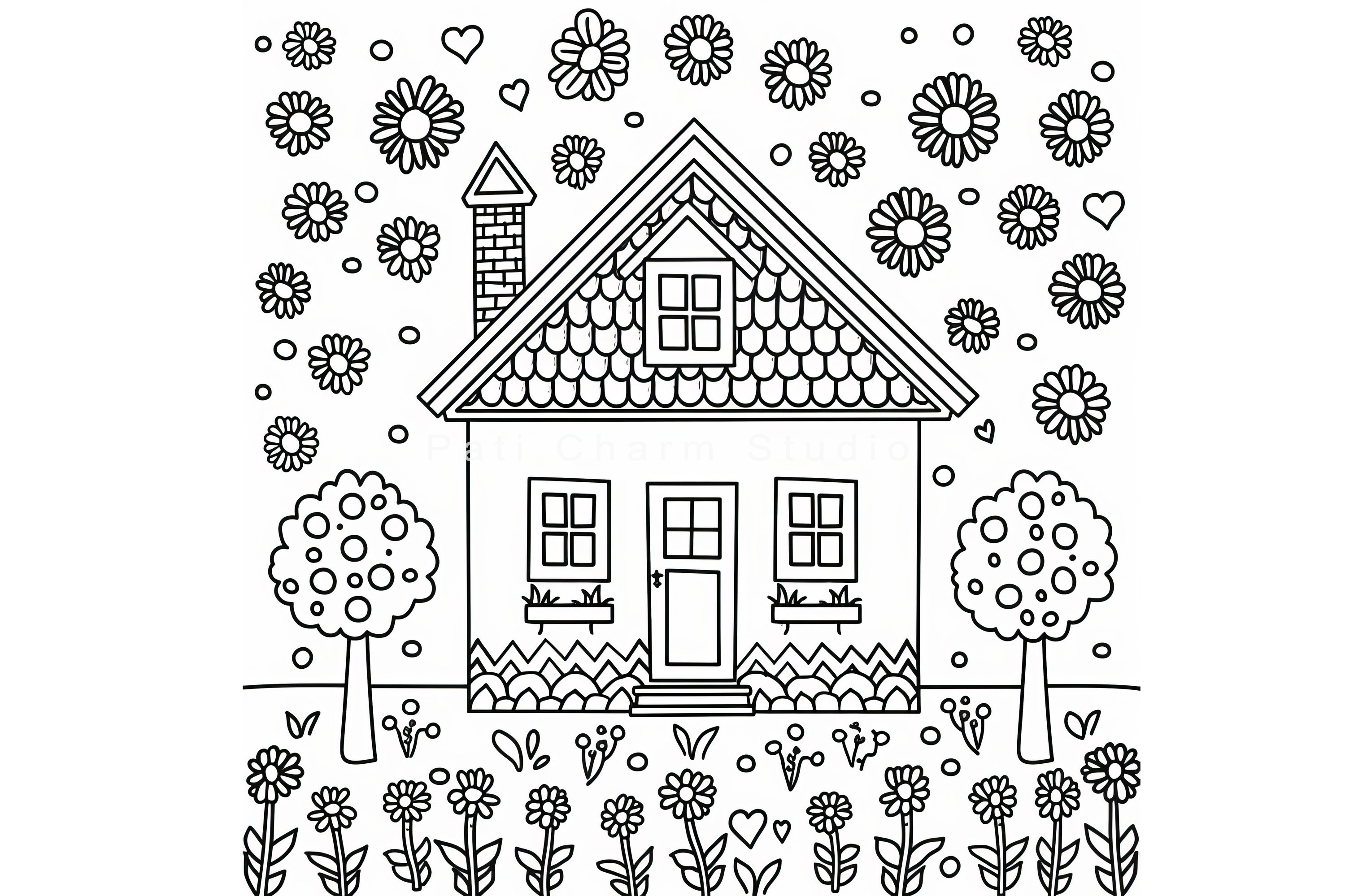 Floral House Coloring Page for Kids, Instant Download, Coloring Book ...