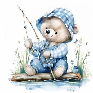 Watercolor Blue Fishing Teddy Bear Clipart Set for Kids, Commercial Use ...