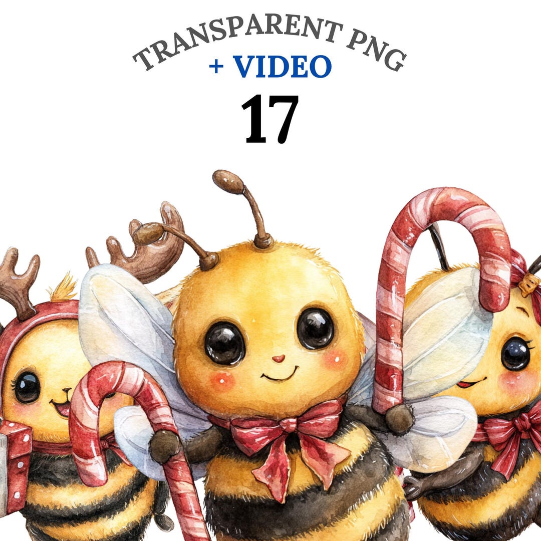 17 Christmas Bees Clipart PNG, Watercolor Bees Retro Christmas Animal ...