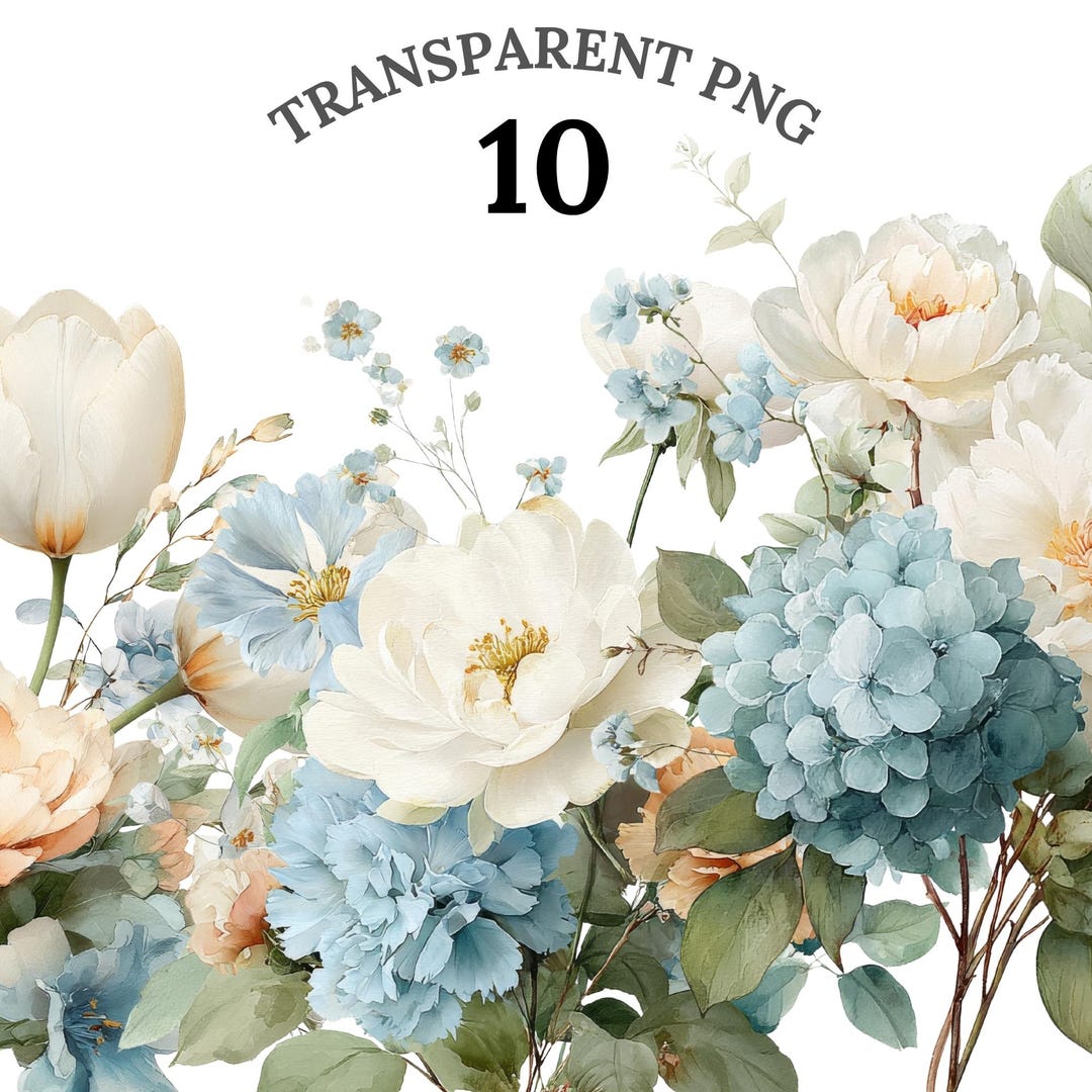 Summer Blue Flowers Clipart, Elegant Floral PNG, Soft Blue Cream ...