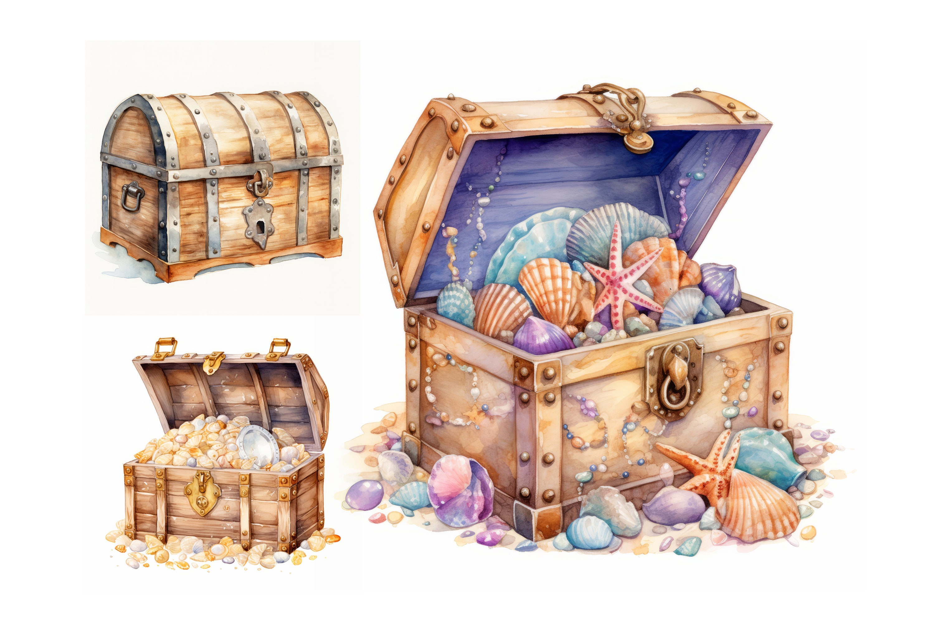 Treasure Chest Clipart Bundle, Watercolor Clipart for Kids, Commercial ...