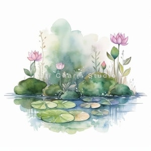 Floral Garden With Pond Clipart Bundle, 9 High Quality Jpgs, Digital ...