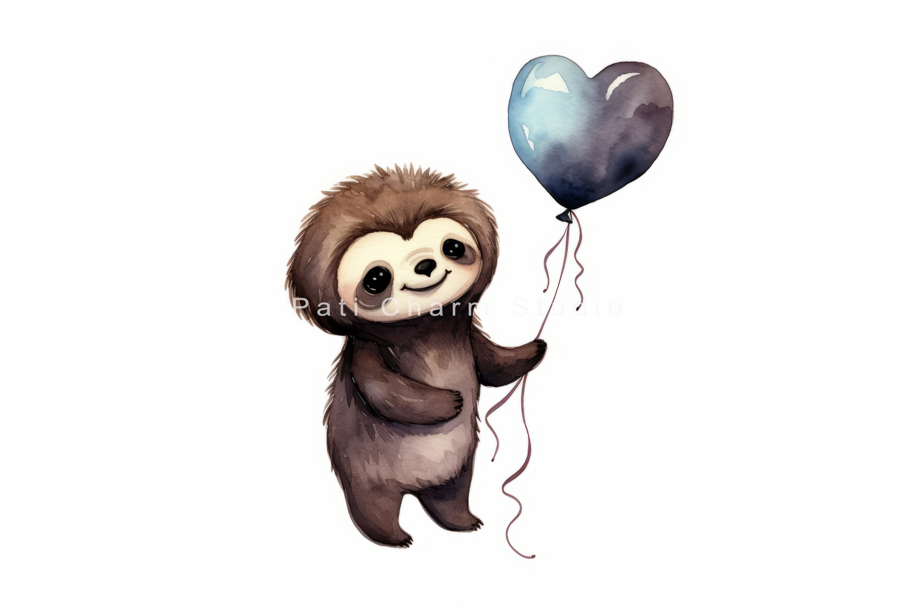 Watercolor Sloth With Heart Balloon Clipart Bundle, Instant Download ...