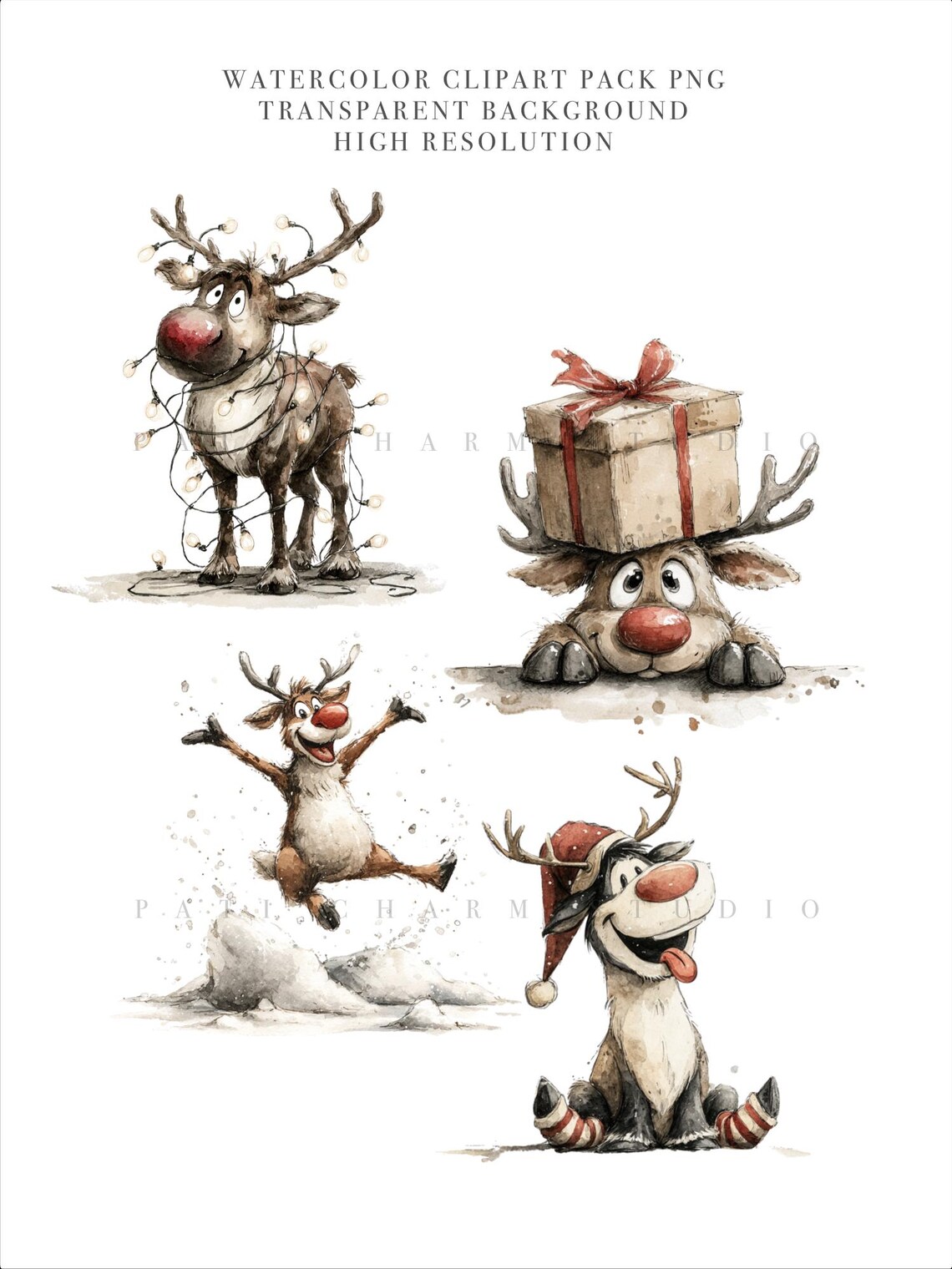 25 Reindeer Clipart Set, Cute Christmas PNG Bundle, Watercolor Holiday ...