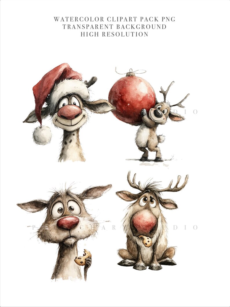 25 Reindeer Clipart Set, Cute Christmas PNG Bundle, Watercolor Holiday ...