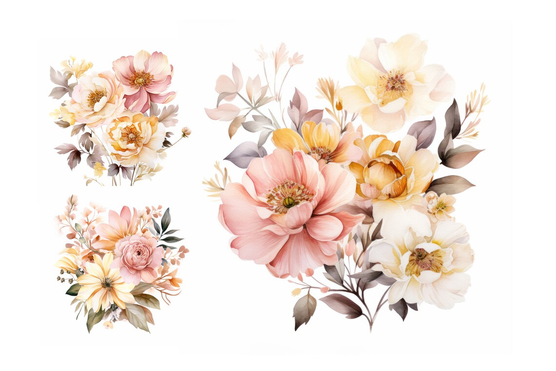 Pink Floral Bouquet Clipart Commercial Use JPG Watercolor - Etsy