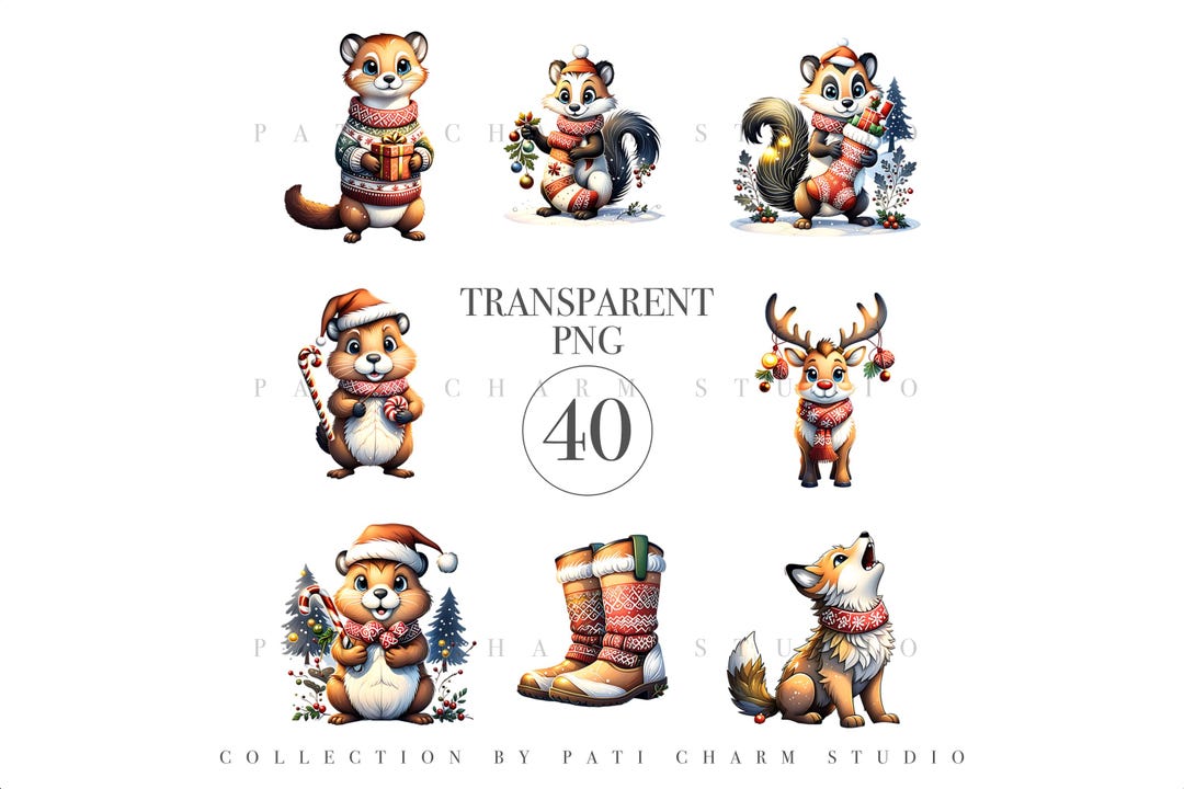 Christmas Woodland Clipart PNG Set, Commercial License, Holiday Animals ...