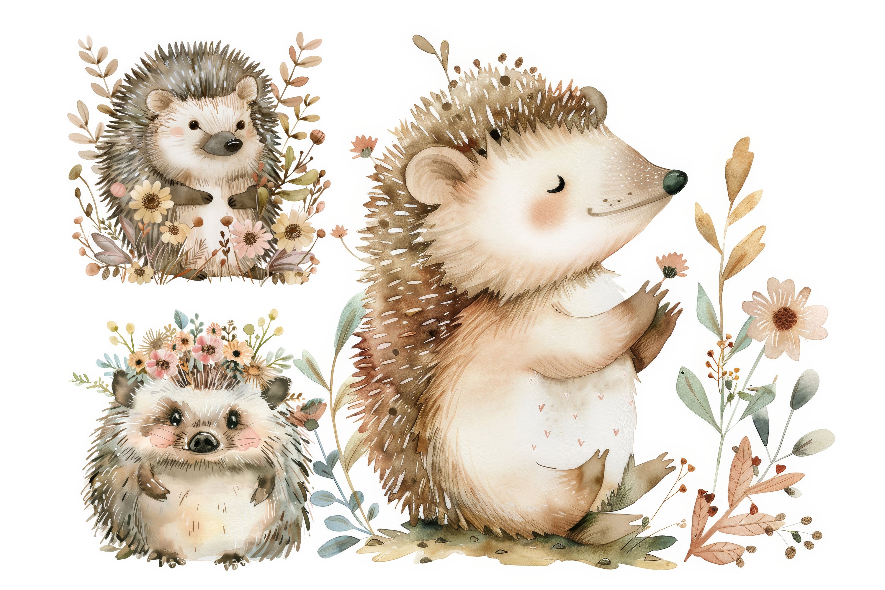 Floral Hedgehog Clipart Bundle, High Quality Jpgs, Watercolor Hedgehog ...