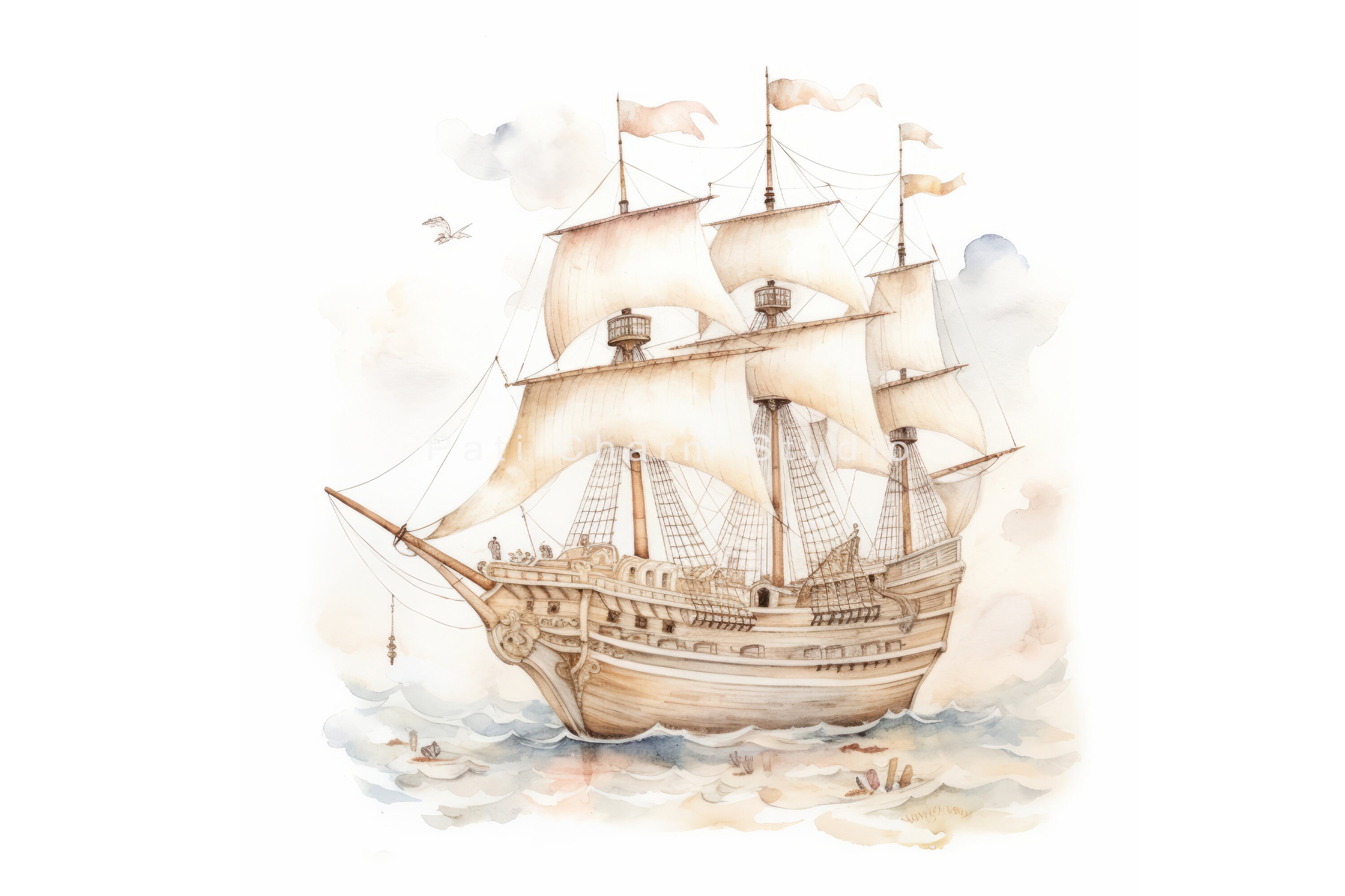 Watercolor Pirate Clipart Bundle for Kids, 9 High Quality Jpgs, Little ...