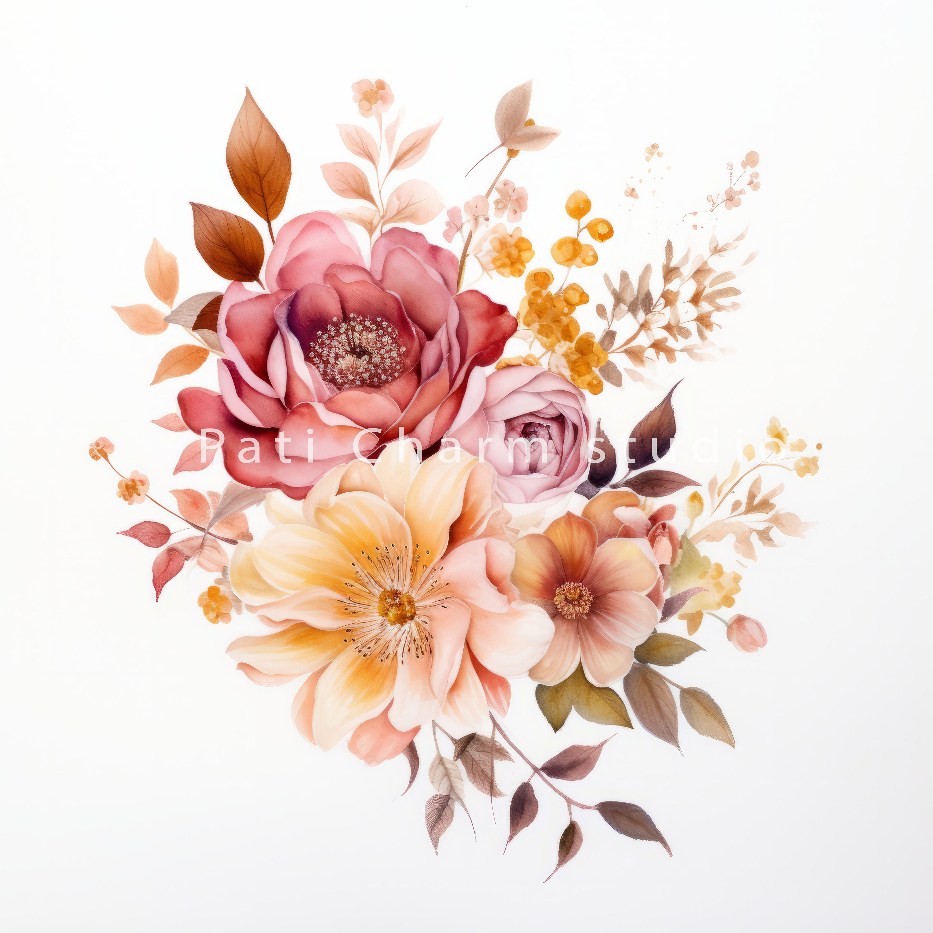 Pink Floral Bouquet Clipart Commercial Use JPG Watercolor - Etsy