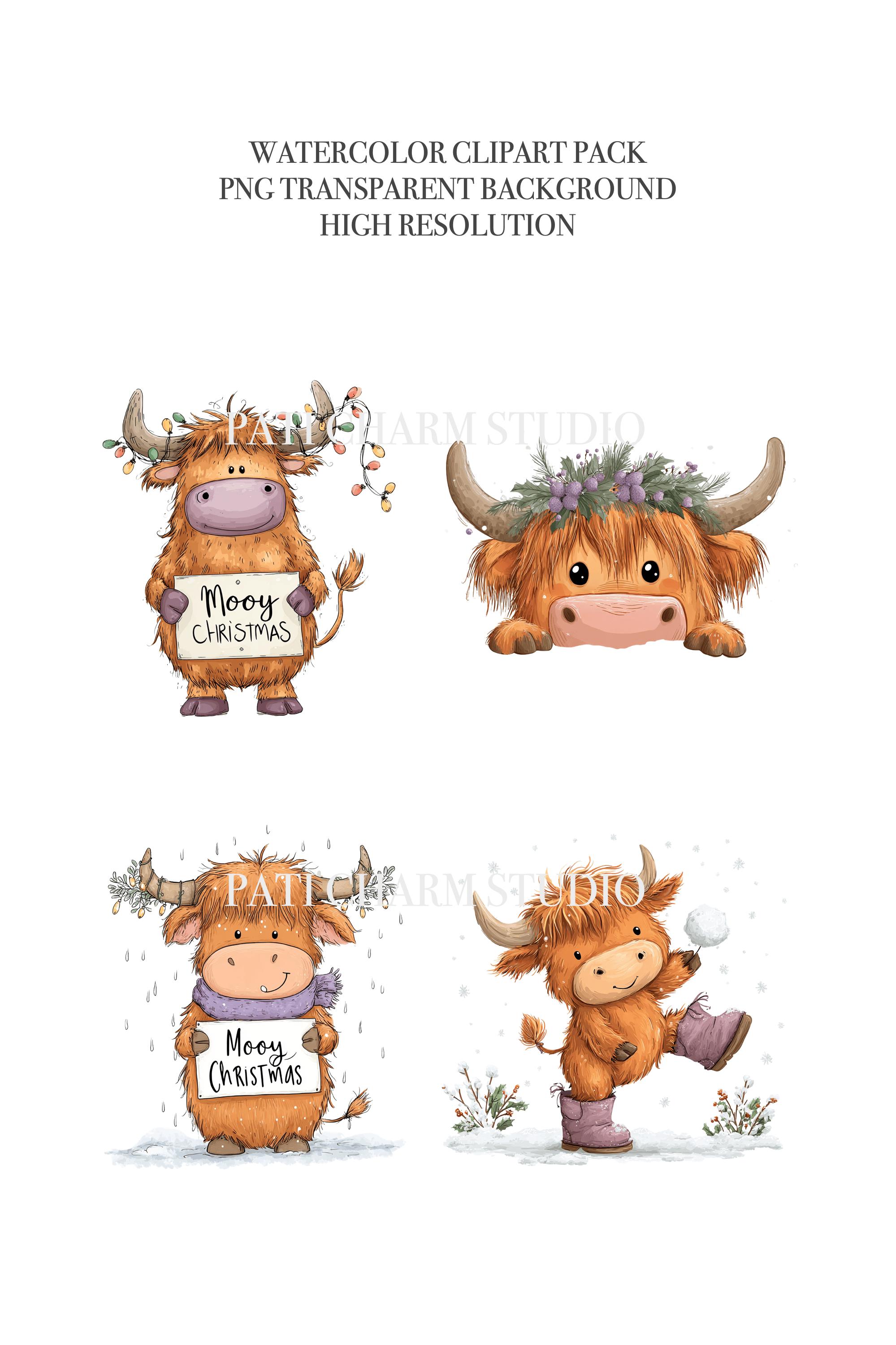 20 Christmas Highland Cow Clipart PNG, Funny Winter Cow Bundle, Cute ...