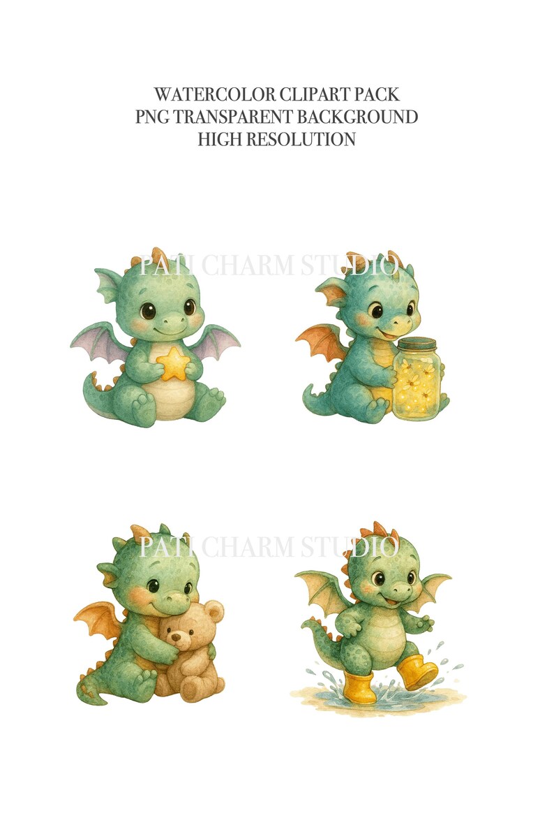 Baby Dragon Clipart Set, Cute Dragon PNG Bundle, Nursery Art Clipart ...