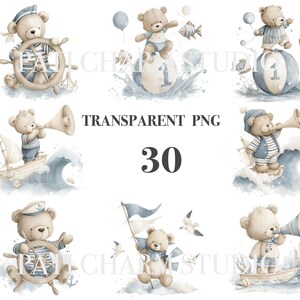30 Nautical Teddy Bear Clipart PNG + Video, Baby Boy Ocean Bears ...