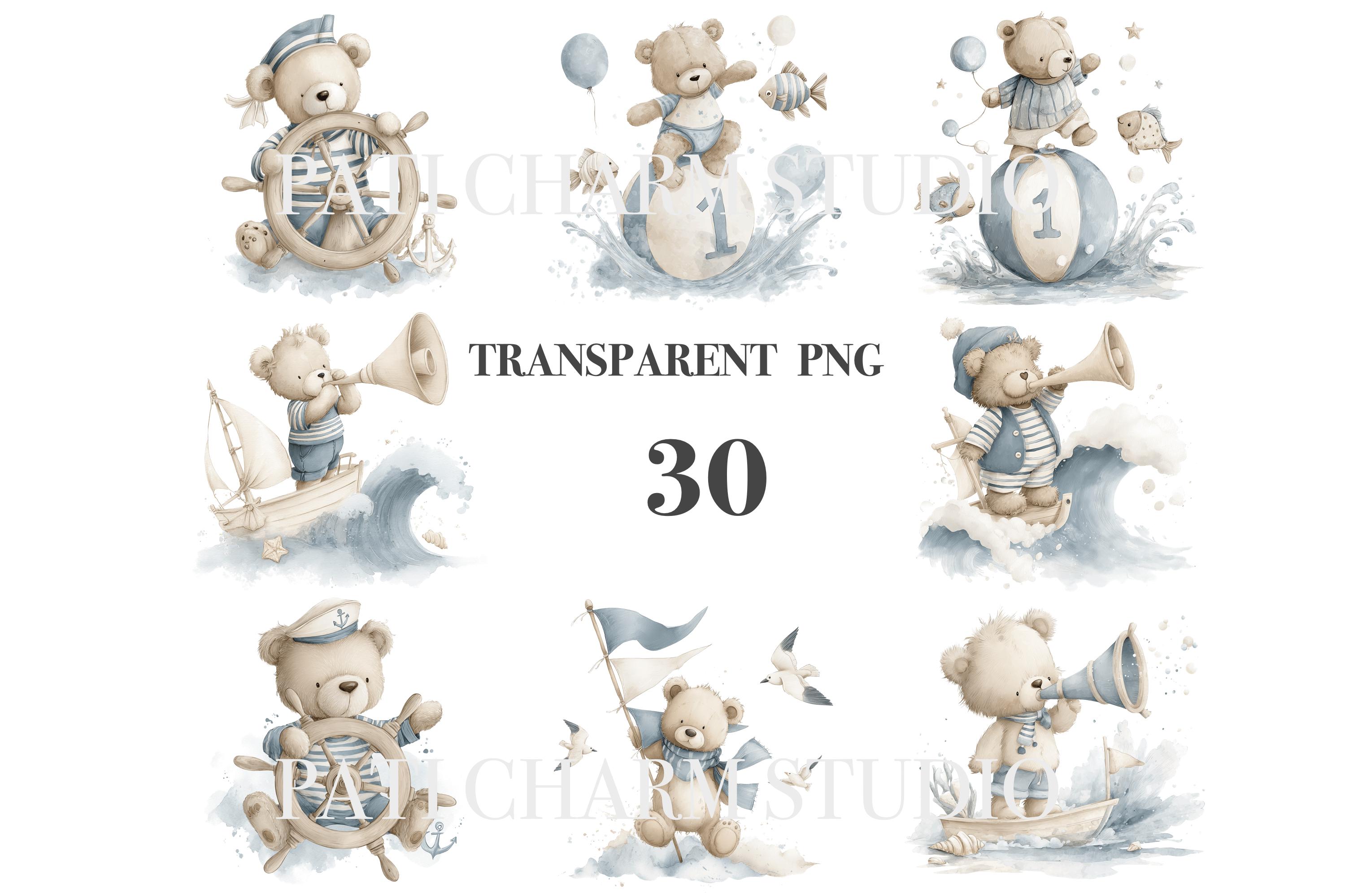 30 Nautical Teddy Bear Clipart PNG + Video, Baby Boy Ocean Bears ...