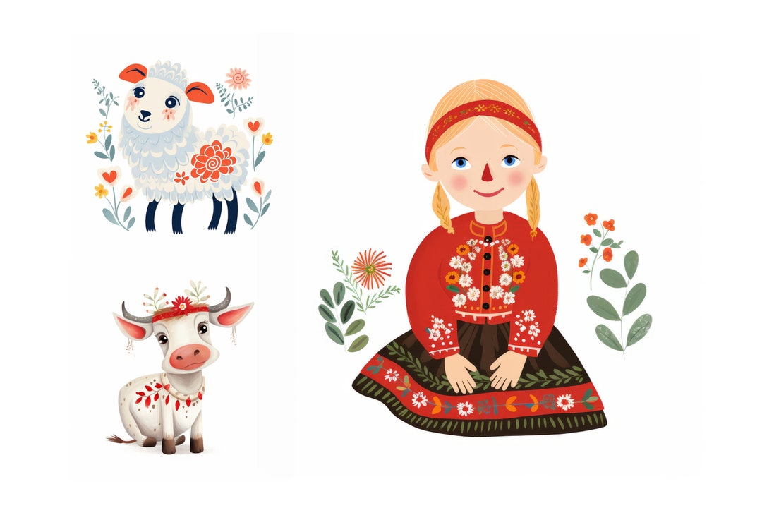 Folk Farm Clipart Bundle, High Quality Jpgs, Nursery Decor, Folk ...