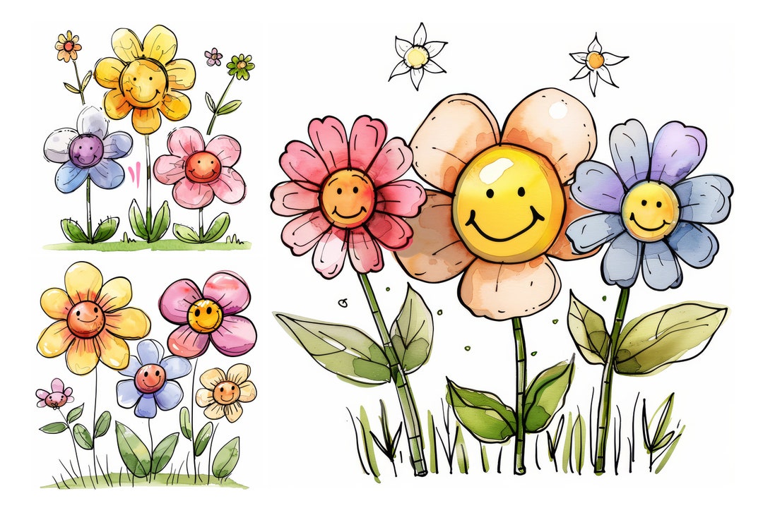 Happy Flowers Clipart Bundle, High Quality Jpgs, Watercolor Floral ...