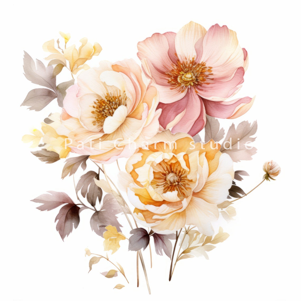 Pink Floral Bouquet Clipart Commercial Use JPG Watercolor - Etsy