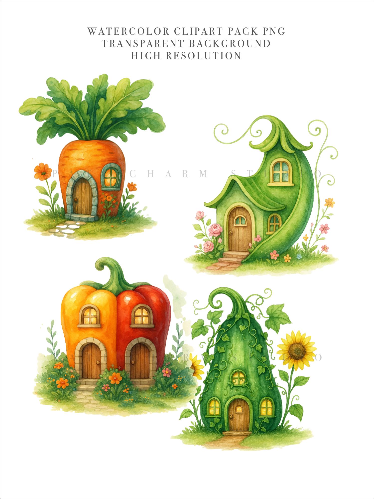 50 Vegetable House Clipart Set, Whimsical Garden Cottage PNG, Carrot ...