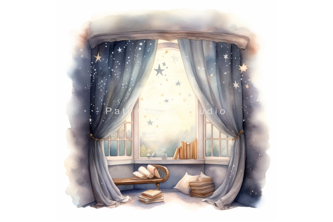 Watercolor Night Window Clipart Bundle, Jpgs, Good Night Clipart, Baby ...