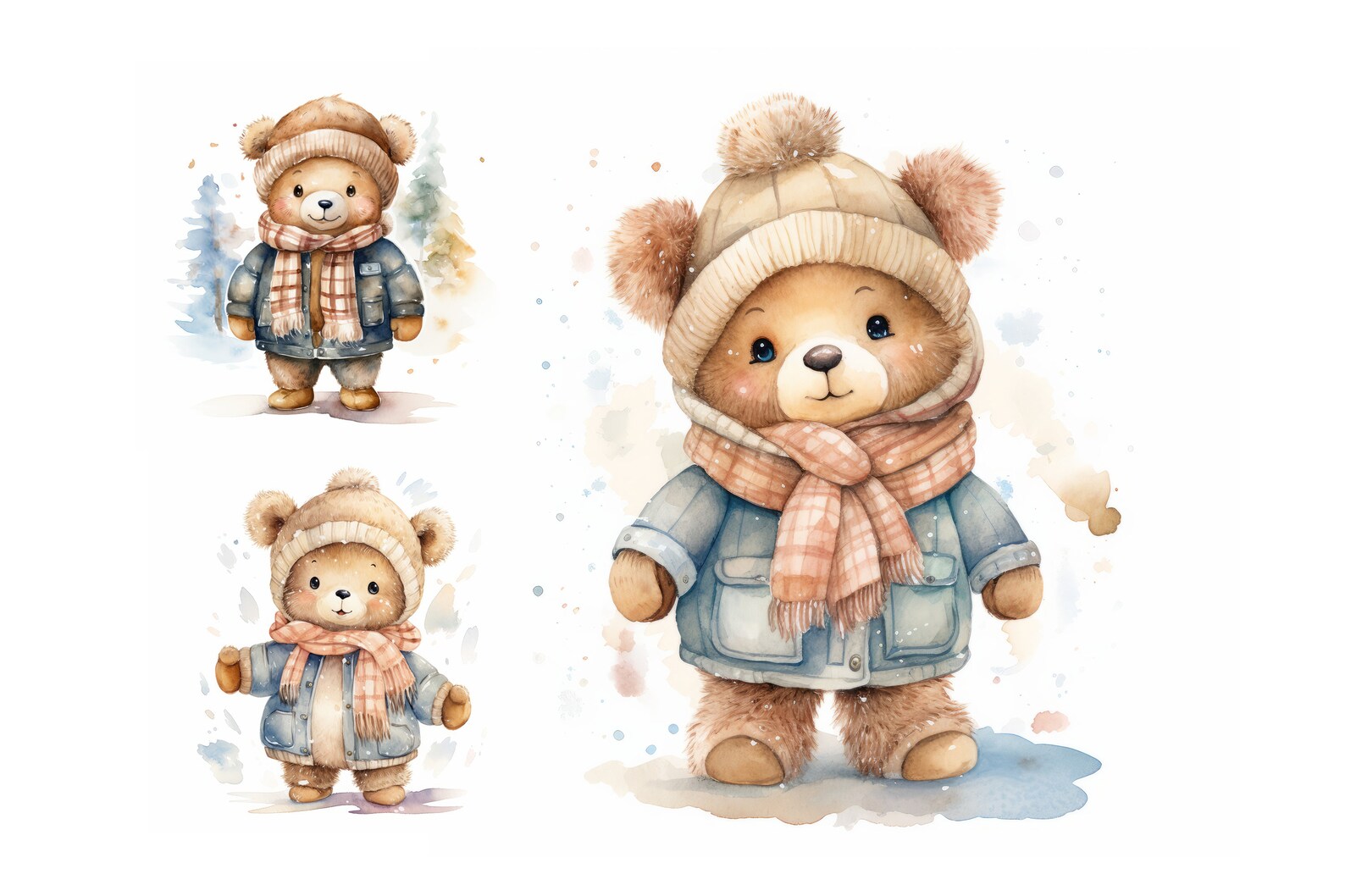 Winter Teddy Bear Clipart, High Quality Jpgs, Watercolor Clipart, Christmas Clipart Bundle ...