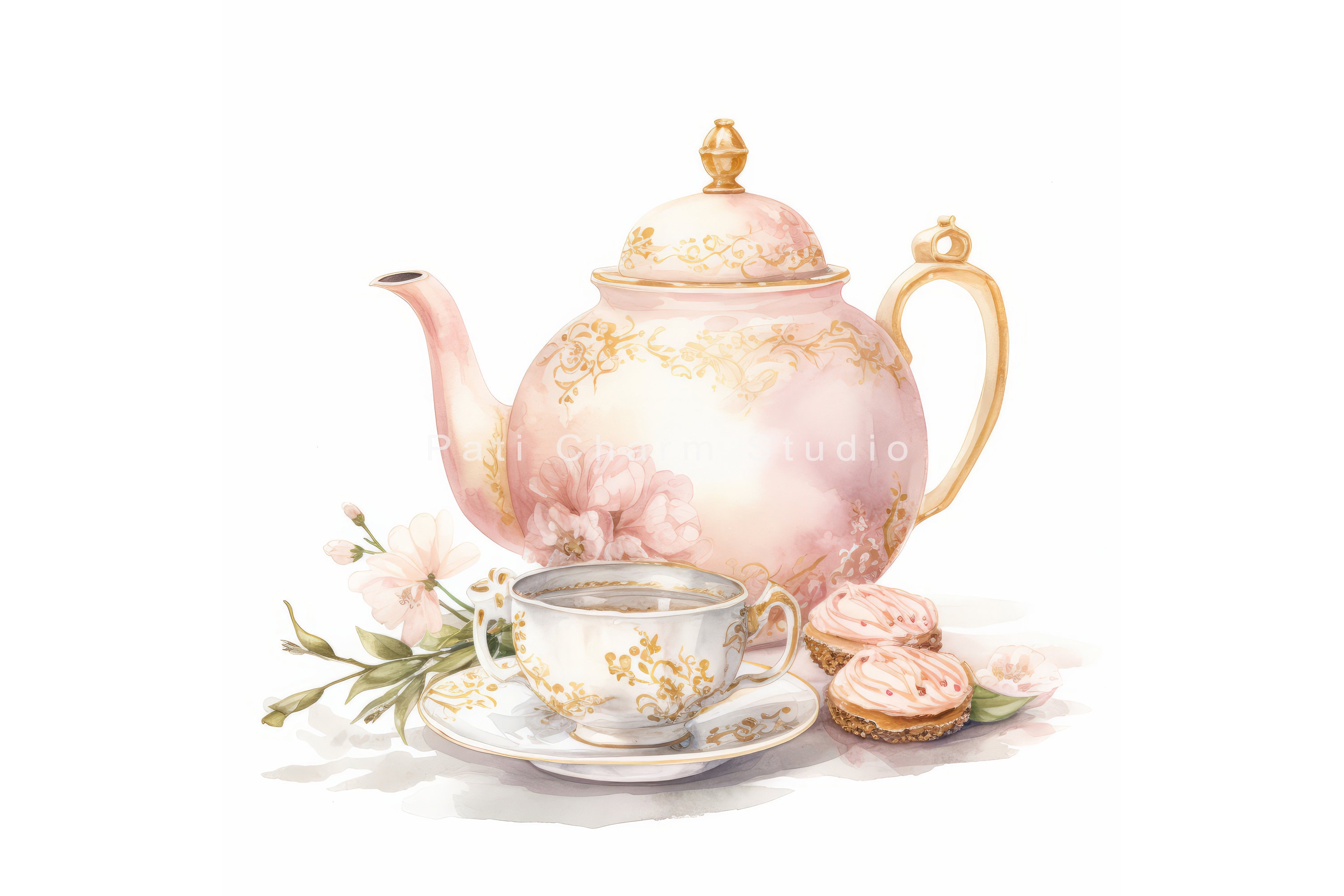 Pink Tea Party Clipart Bundle, High Quality Jpgs, Watercolor Tea ...