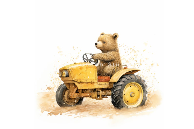 Watercolor Bear on Tractor Clipart Bundle Jpgs, Farmhouse Clipart, Cute ...