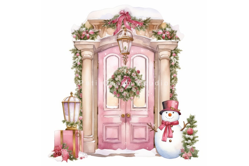 Pink Christmas Door Clipart Set High Quality Jpgs Watercolor - Etsy